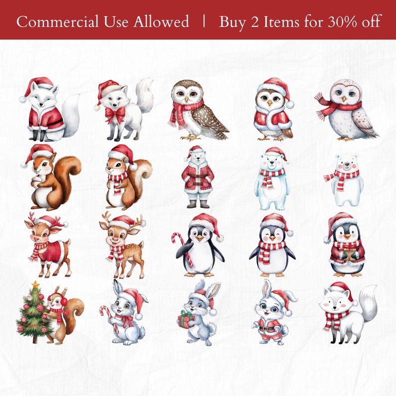 North Pole Christmas Animals PNG Bundle, Winter Santa Village Animal ...
