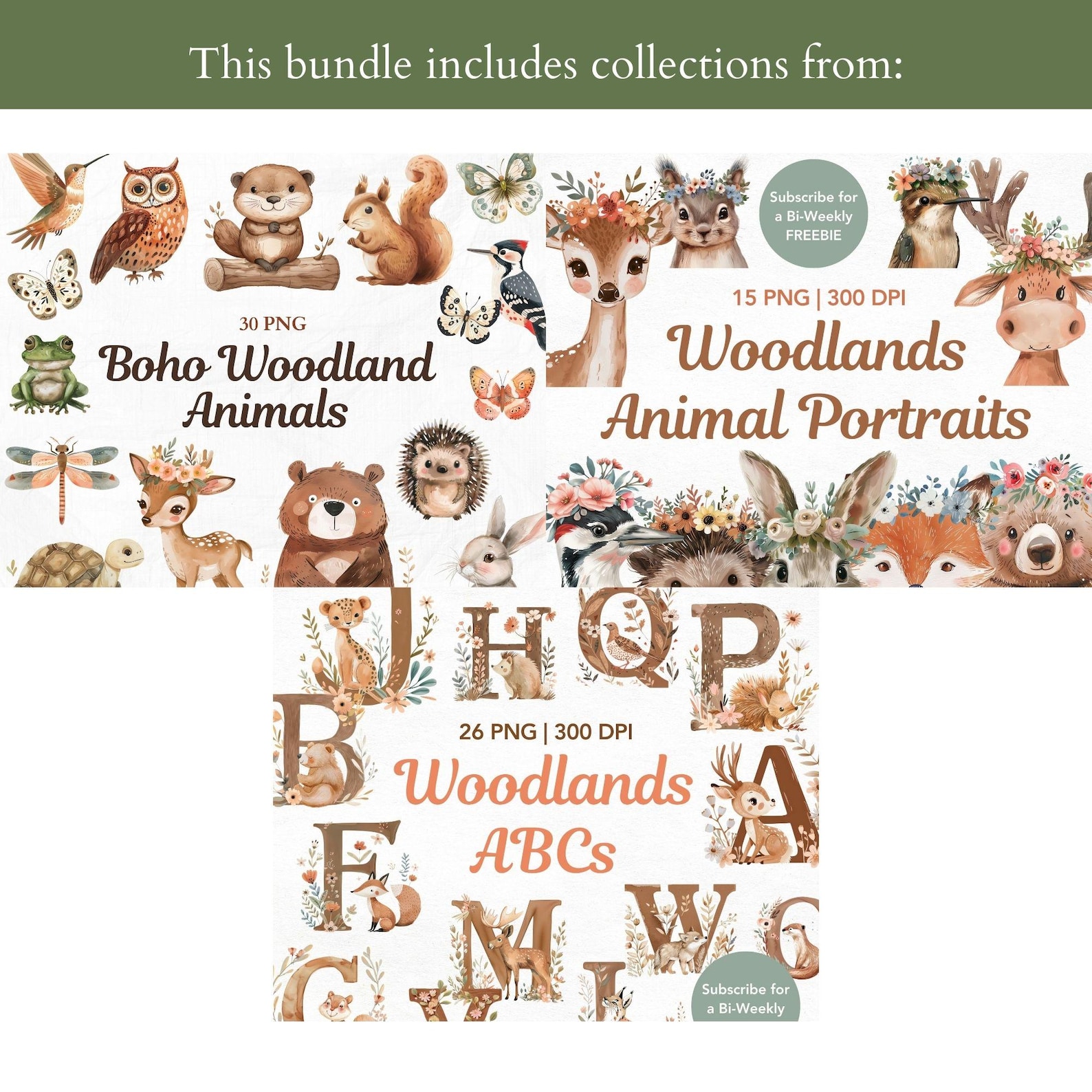 Boho Woodland Animal Clipart Mega Bundle, Animal Portraits, Nursery ...