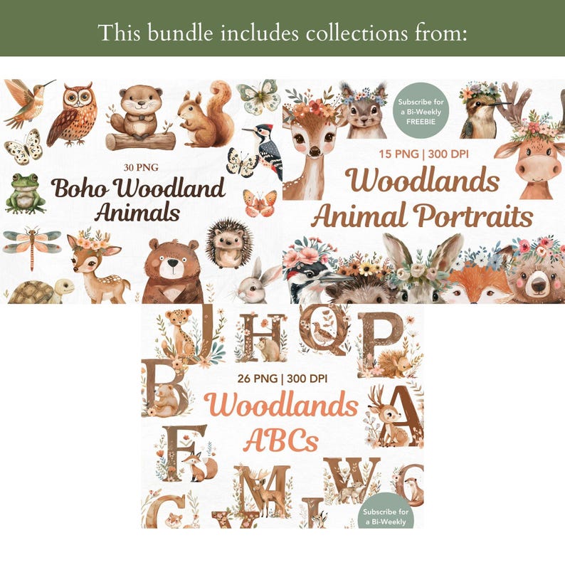 Boho Woodland Animal Clipart Mega Bundle, Animal Portraits, Nursery ...