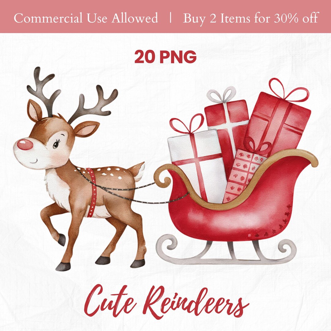 Cute Reindeer Clipart, Cartoon Kawaii Christmas Reindeer PNG Bundle ...
