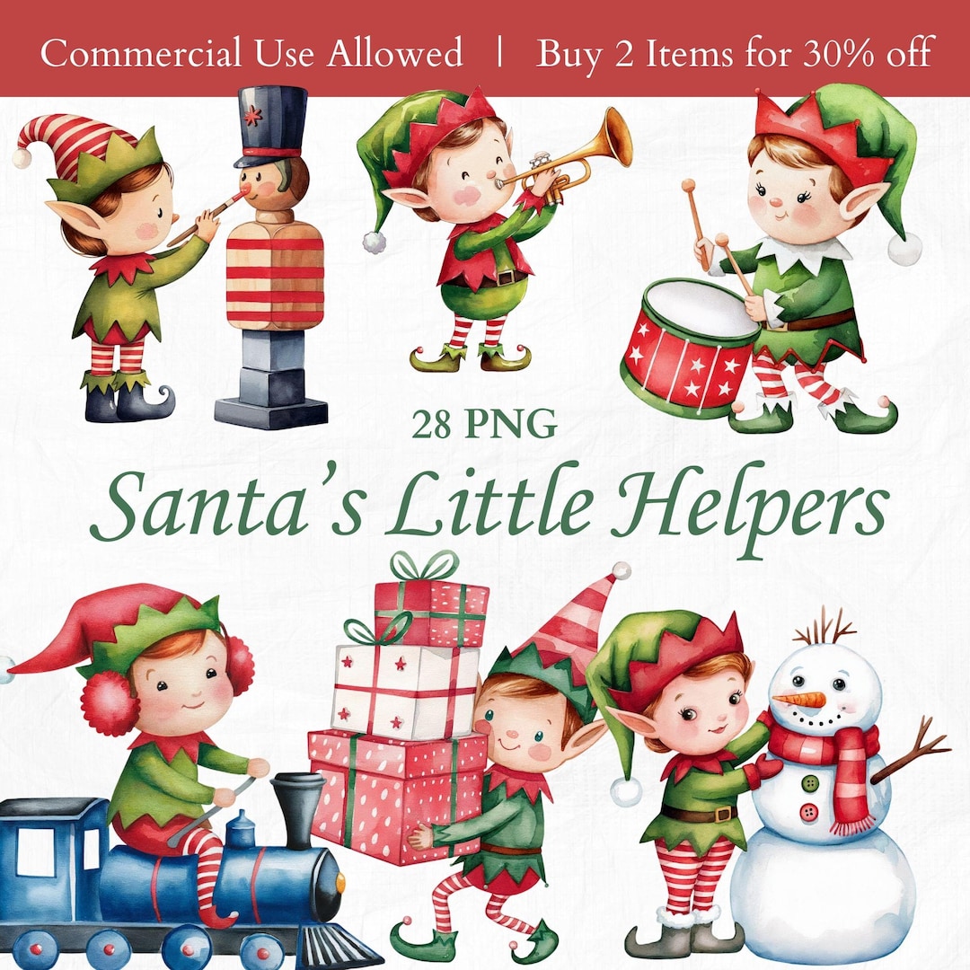Santa's Little Helpers Clipart, Christmas Elf PNG, Cute Watercolor ...