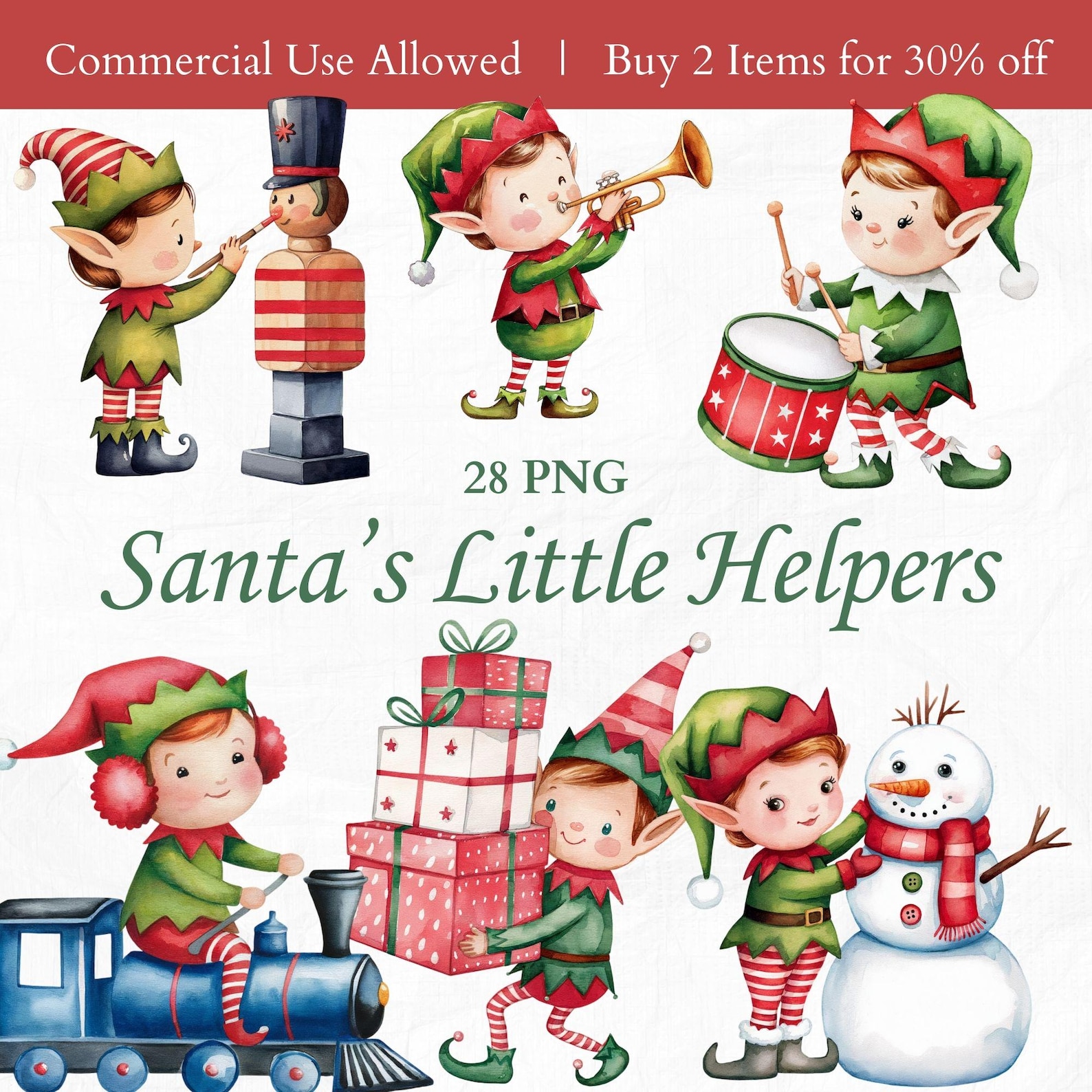 Santa's Little Helpers Clipart, Christmas Elf PNG, Cute Watercolor ...