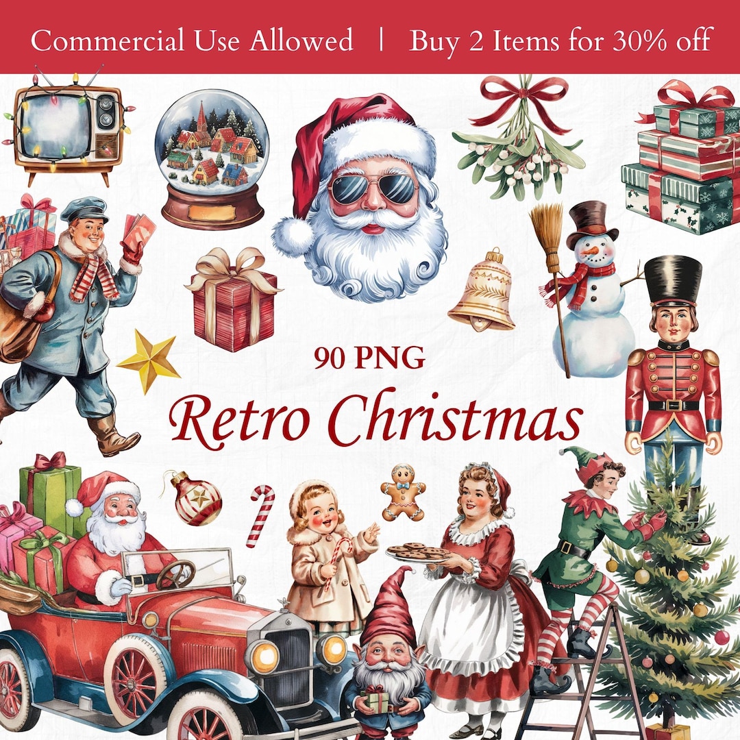 Retro Christmas PNG Bundle, Vintage Aesthetic Christmas Clipart ...