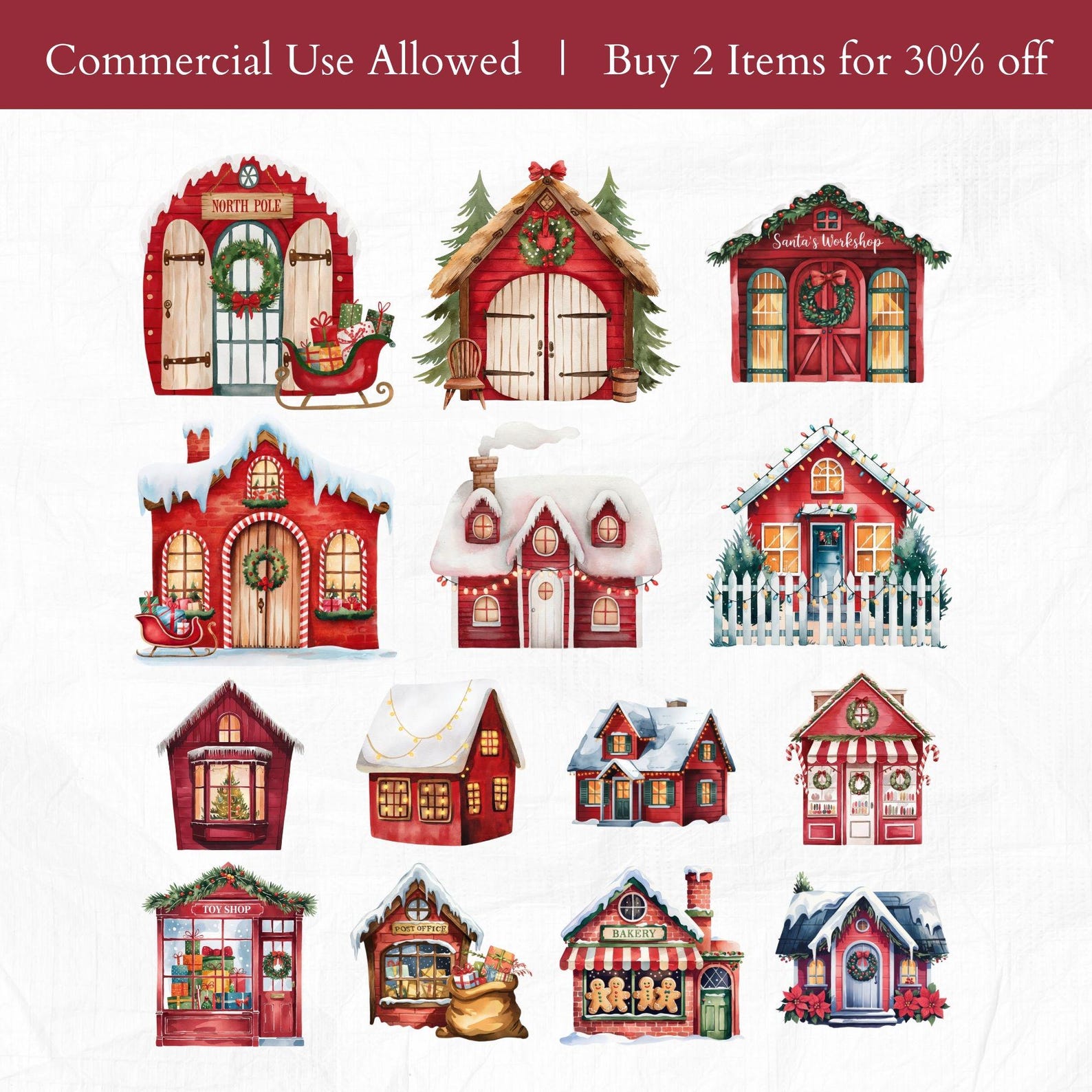 Watercolor Christmas House Clipart, Classic Santa Village Buildings PNG ...