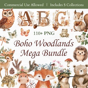 Boho Woodland Animal Clipart Mega Bundle, Animal Portraits, Nursery ...