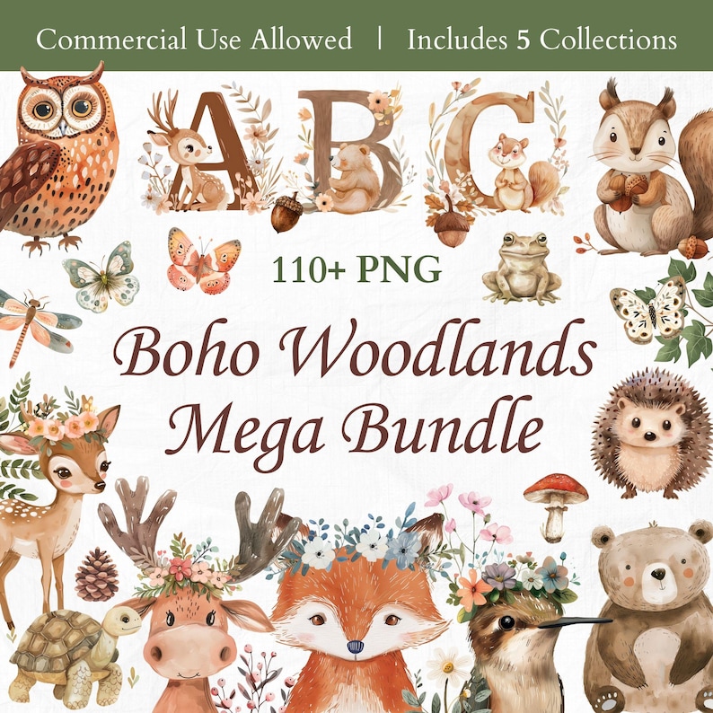 Boho Woodland Animal Clipart Mega Bundle, Animal Portraits, Nursery ...