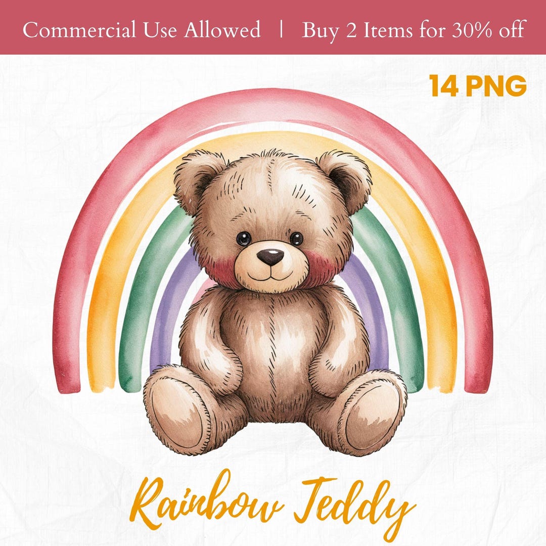 Watercolor Rainbow Bear PNG Bundle, Cute Clipart Teddy Bear With ...