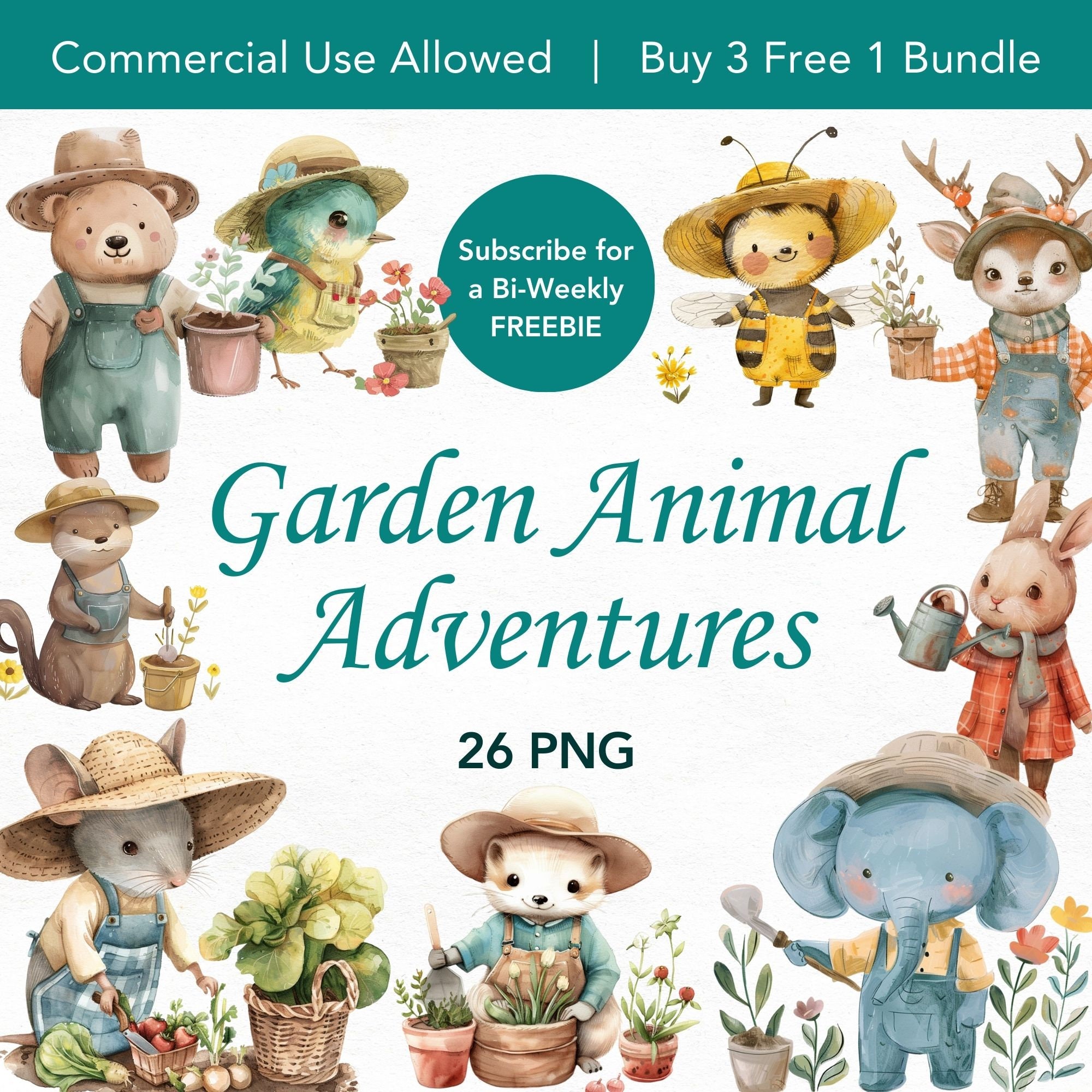 Garden Animals PNG Bundle, Cute Garden Animal Clipart, Watercolor ...