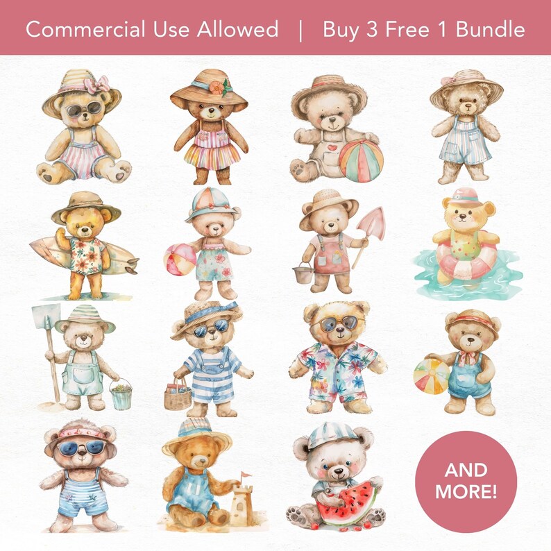 Summer Teddy Bear PNG Bundle, Summer PNG, Cute Bear Clipart, Watercolor ...