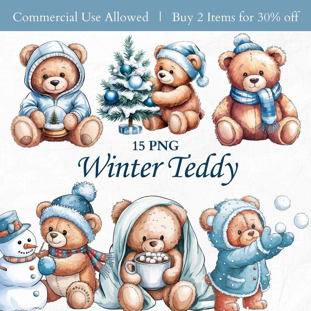 Winter Teddy Bear PNG Bundle, Cute Blue Watercolor Bear With Snow ...