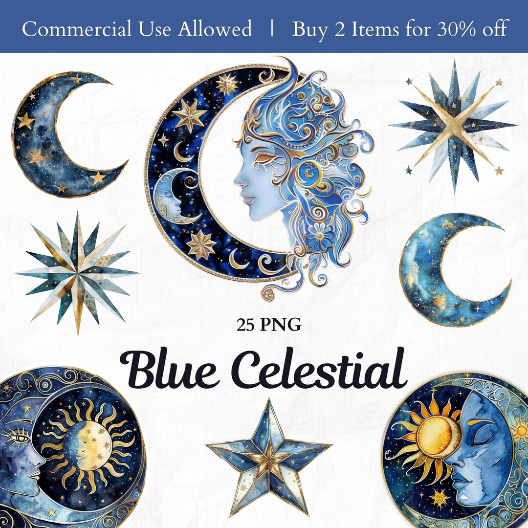 Blue Celestial Clipart Bundle, Mystical Moons PNG, Crescent Moon ...