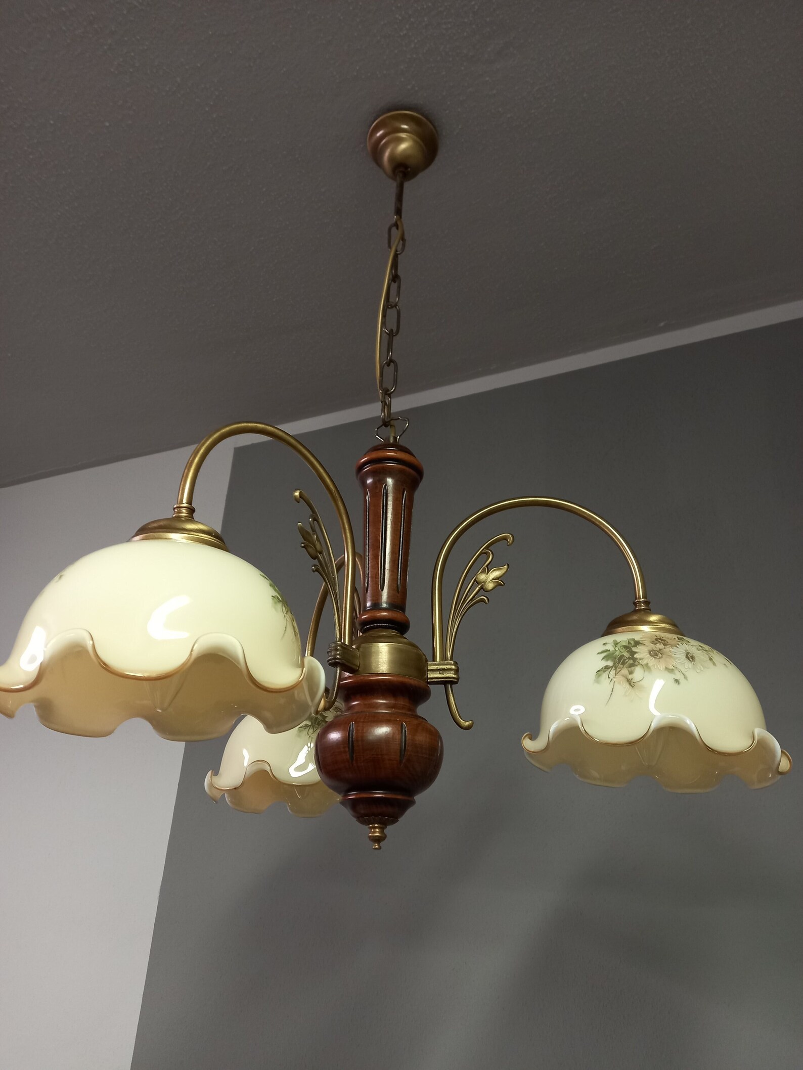 Vintage Ceiling Light / Glass and Wooden Chandelier / Vintage Light ...