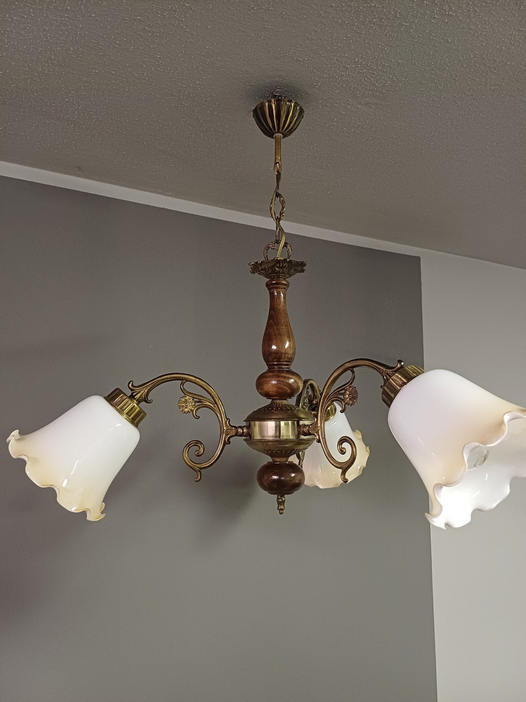 Thee-arm Pendant Light / Wooden and Metal Lamp / Hanging Lamp - Etsy