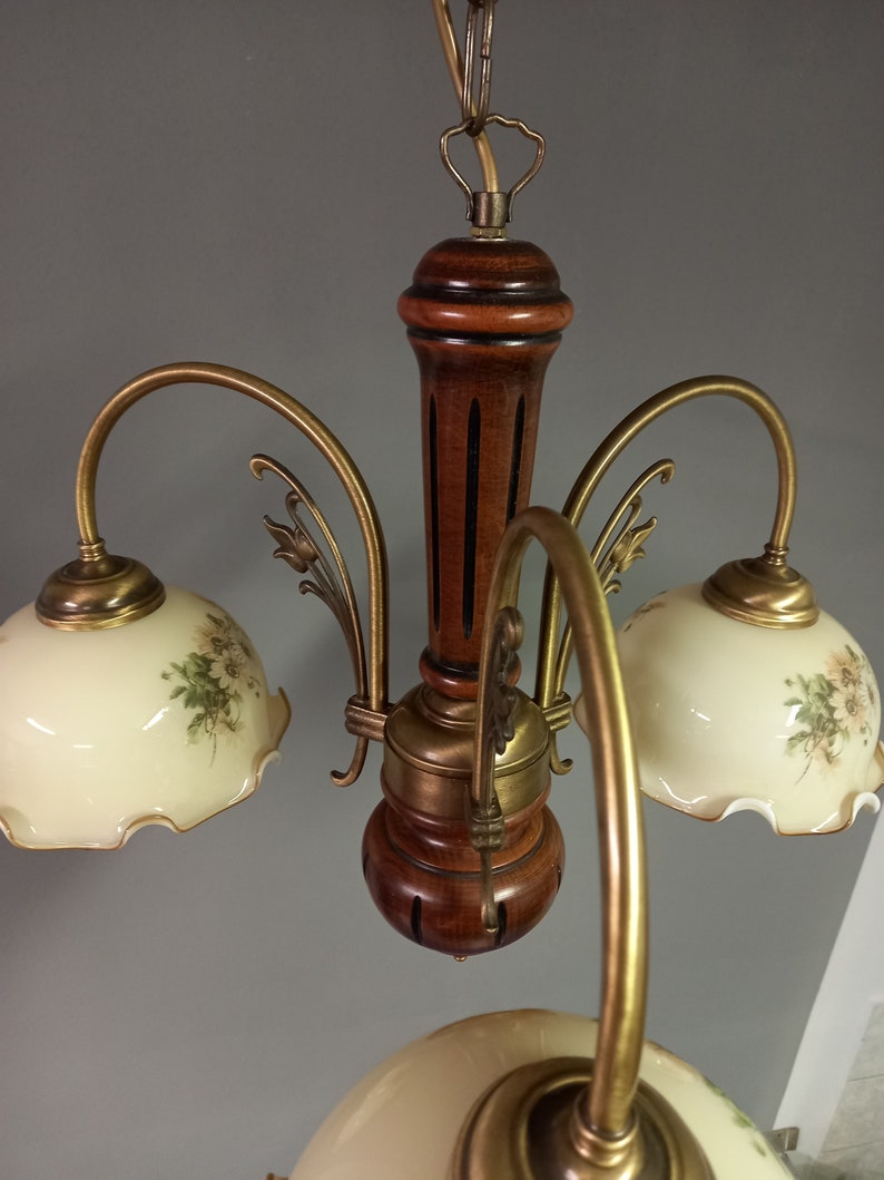 Vintage Ceiling Light / Glass and Wooden Chandelier / Vintage Light ...