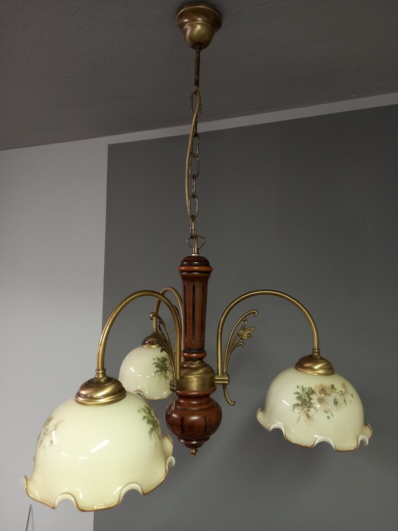 Vintage Ceiling Light / Glass and Wooden Chandelier / Vintage Light ...