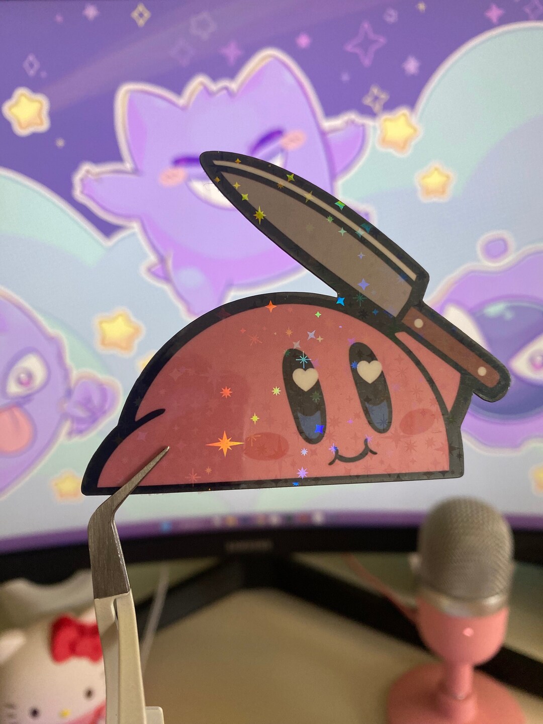 Kirby Holding Knife Peeker | Glitter Stars Vinyl Sticker | Kawaii ...