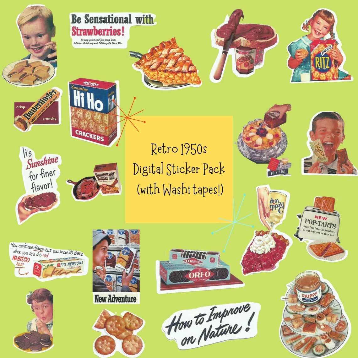Printable Vintage 1950s Stickers and Washi Tapes Pre Cropped - Etsy