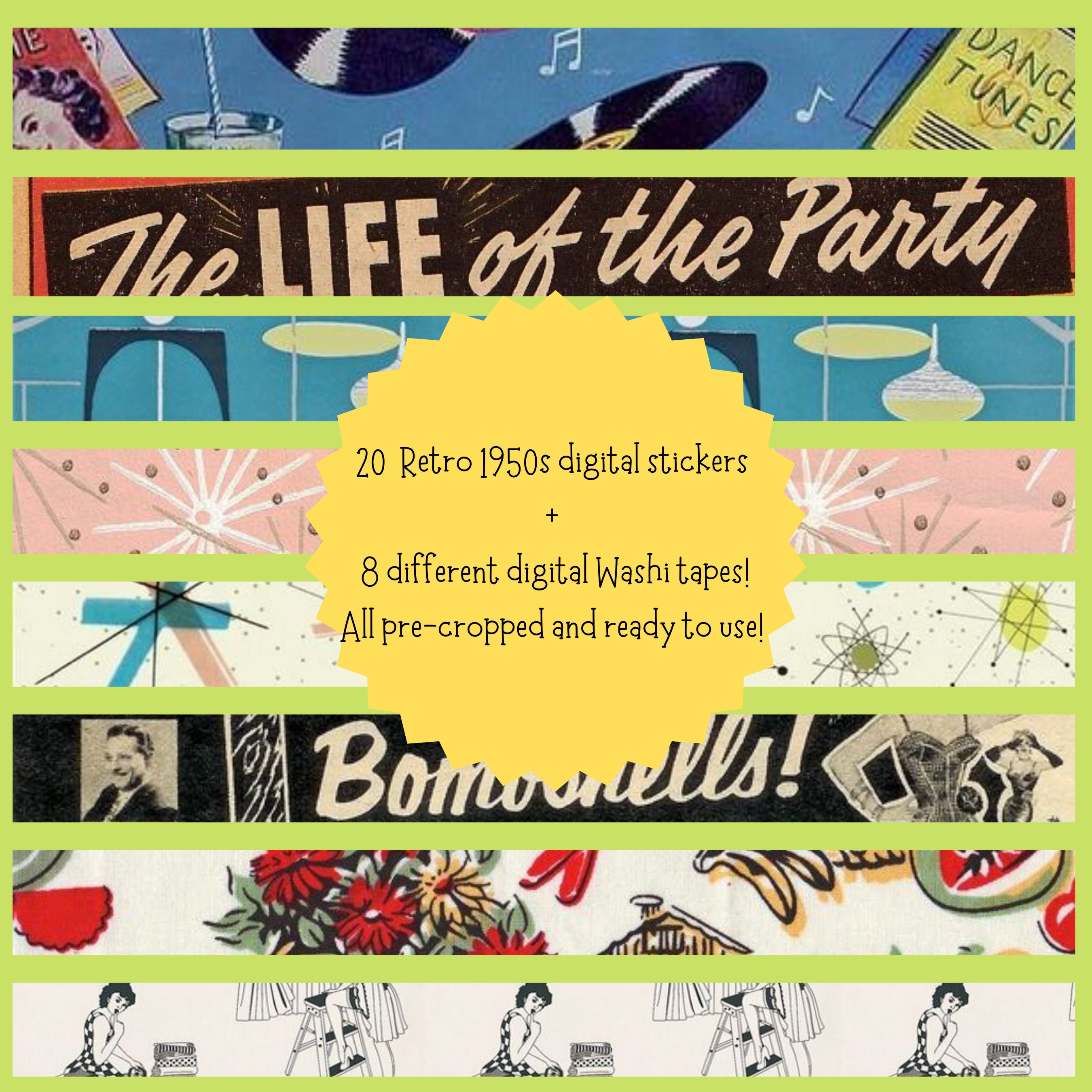 Printable Vintage 1950s Stickers and Washi Tapes Pre Cropped - Etsy