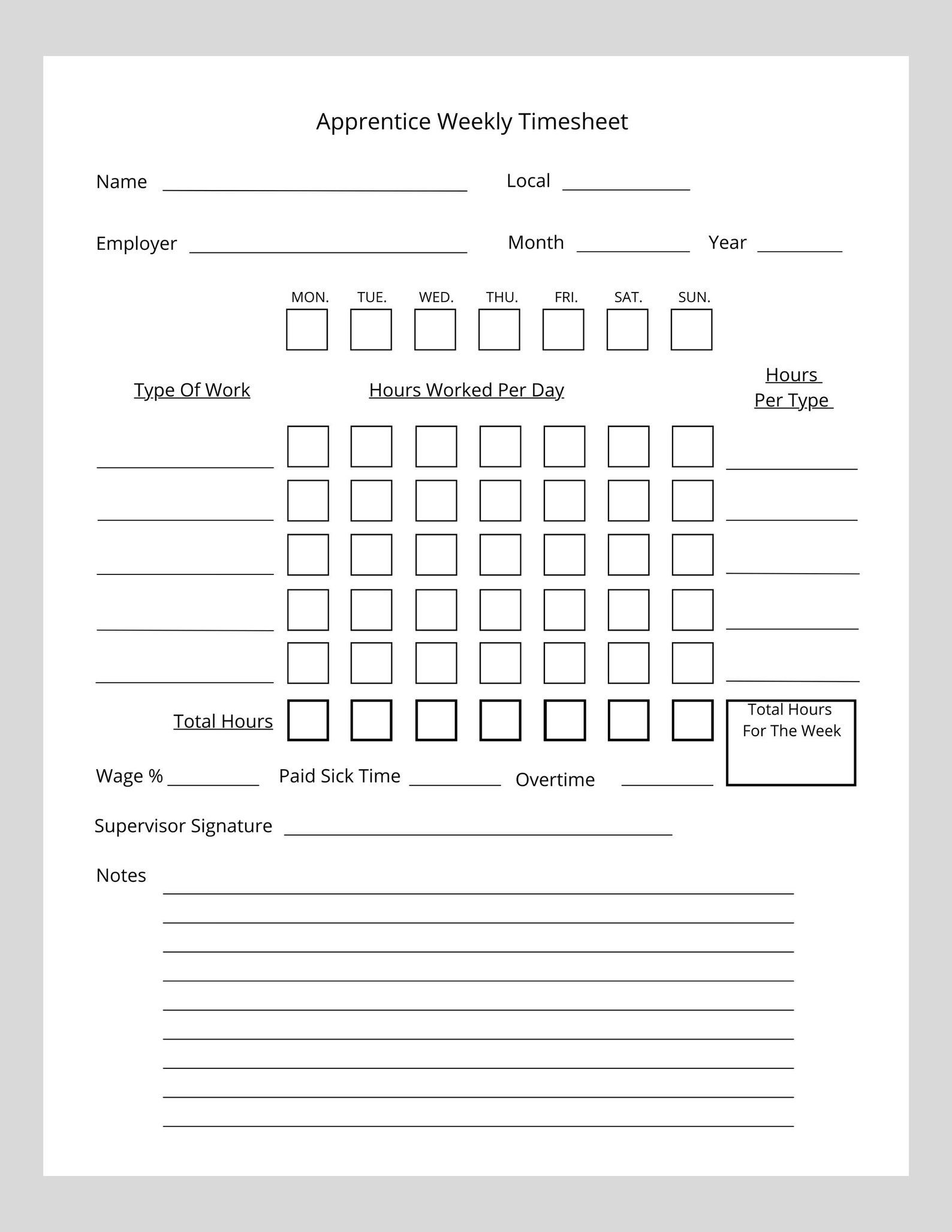 Work Log Notebook Sheets for Apprenticeship Hours Worked, Work Hours ...