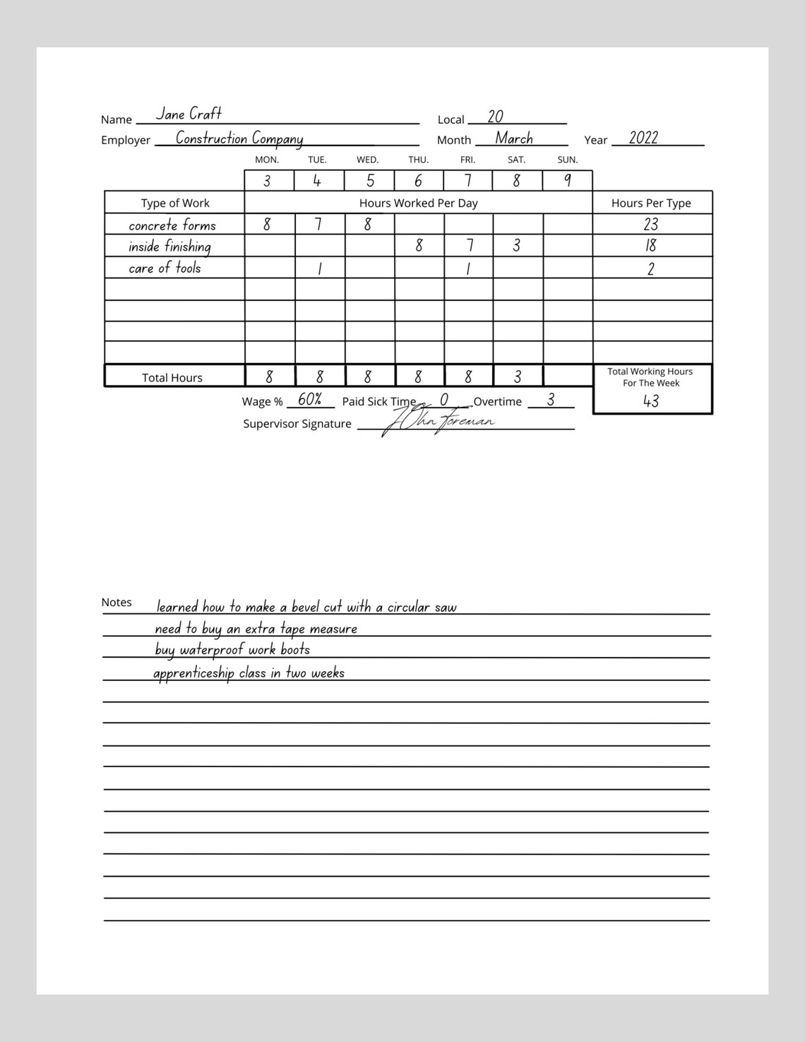 Work Log Notebook Sheets for Apprenticeship Hours Worked, Work Hours ...