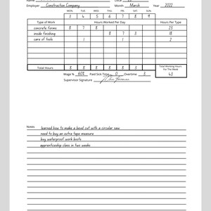 Work Log Notebook Sheets for Apprenticeship Hours Worked, Work Hours ...