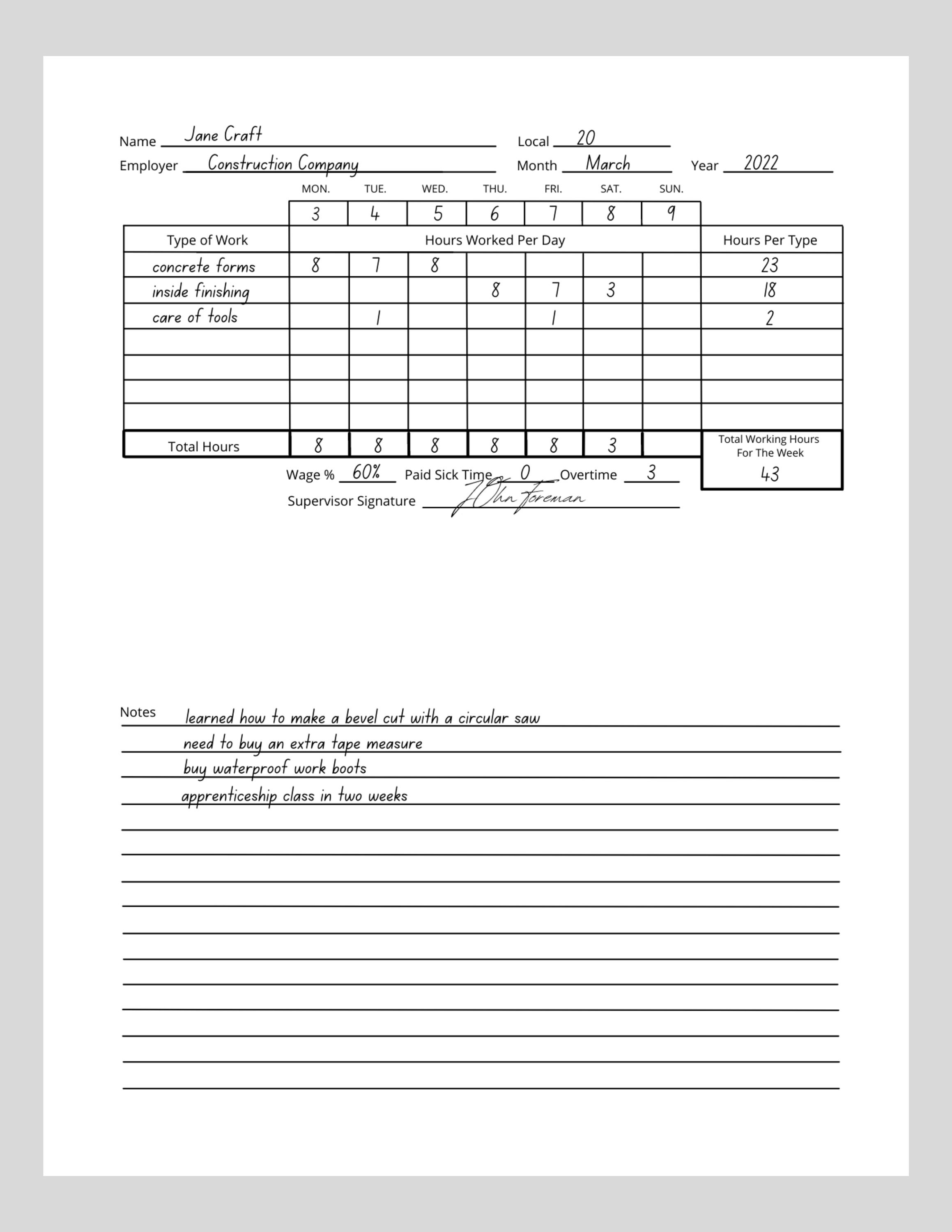 Work Log Notebook Sheets for Apprenticeship Hours Worked, Work Hours ...