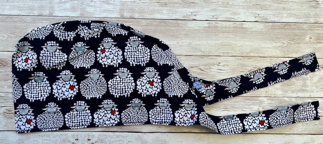 Cute Sheep on Black Cotton Scrub Cap With Ties | Three Sizes | Optional ...