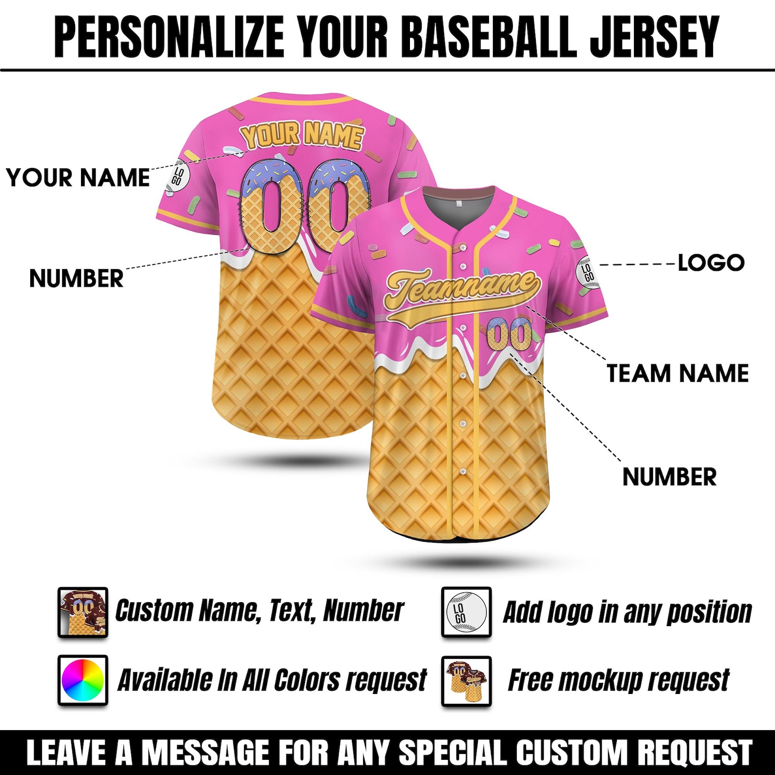 Personalized Ice Cream Drip Baseball Jersey for Men Women Youth Kid ...