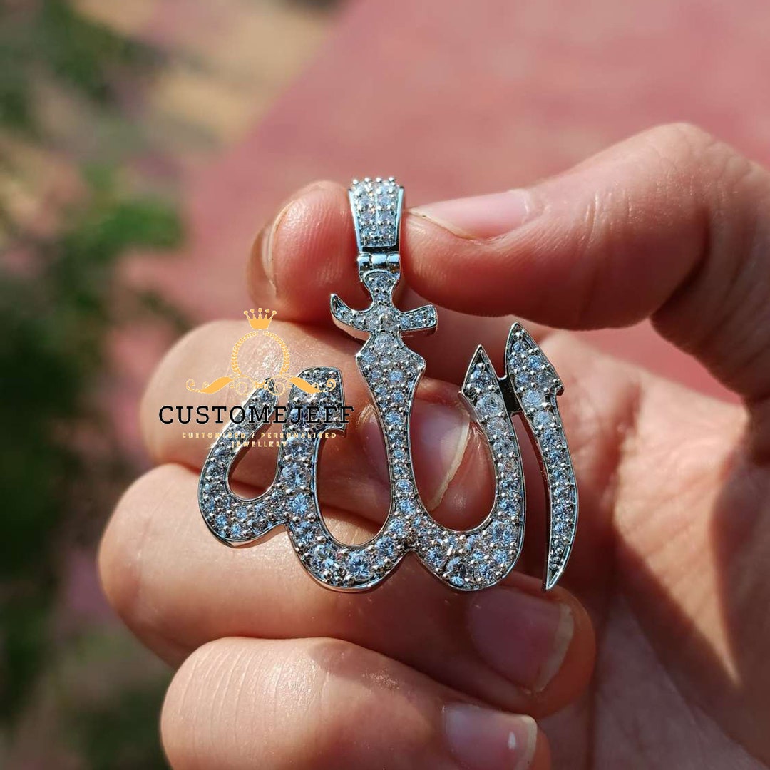 Customized Islamic Arabic Allah Charm Pendant, 14K White Gold Over ...