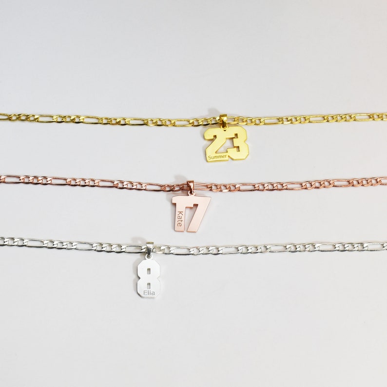 Number Necklace With Figaro Chain, Personalized Engraved Number Charm ...