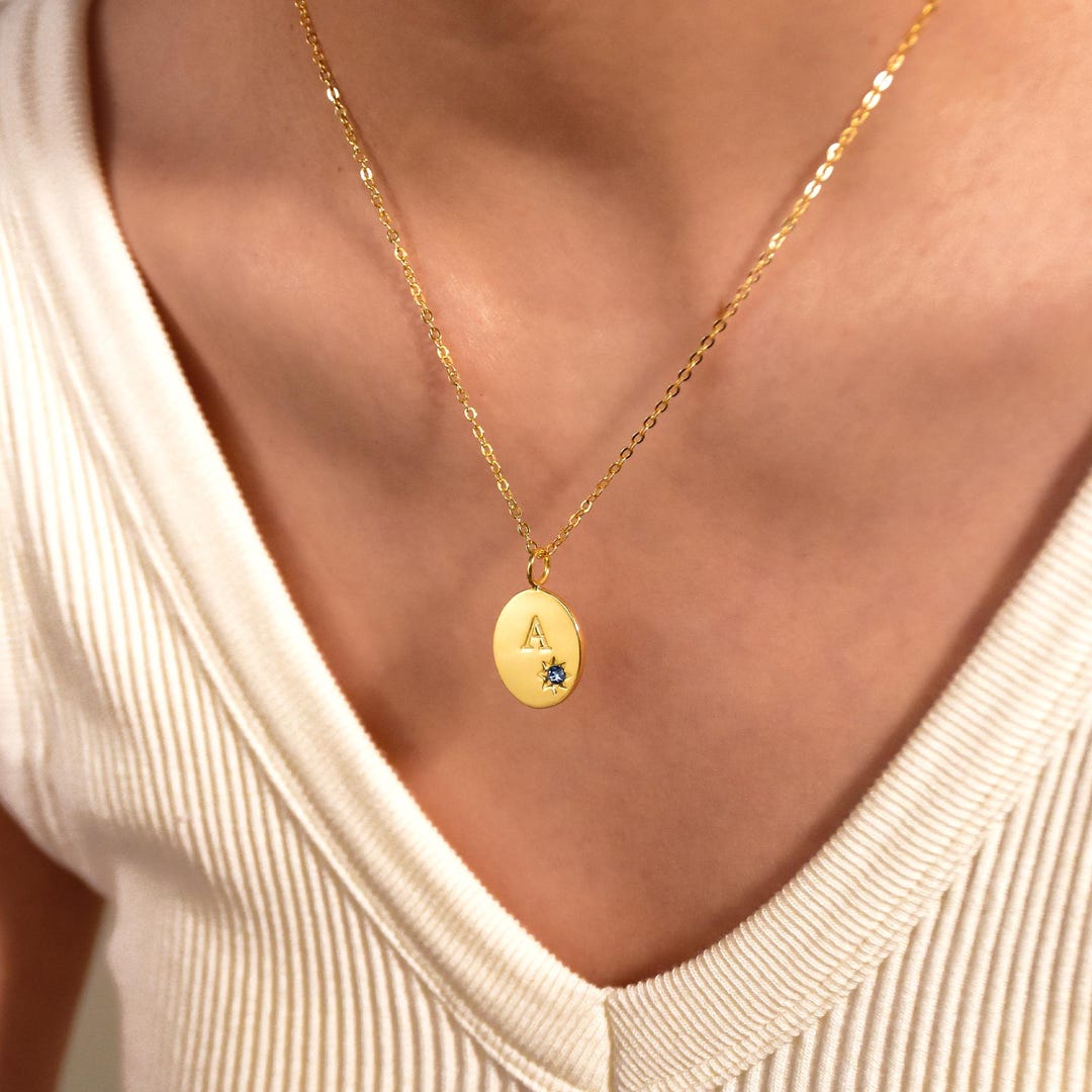 Initial and Birthstone Necklace, Initial Birthstone Necklace, Engraved ...