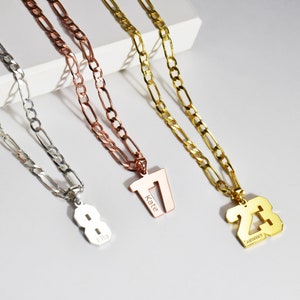 Number Necklace With Figaro Chain, Personalized Engraved Number Charm ...