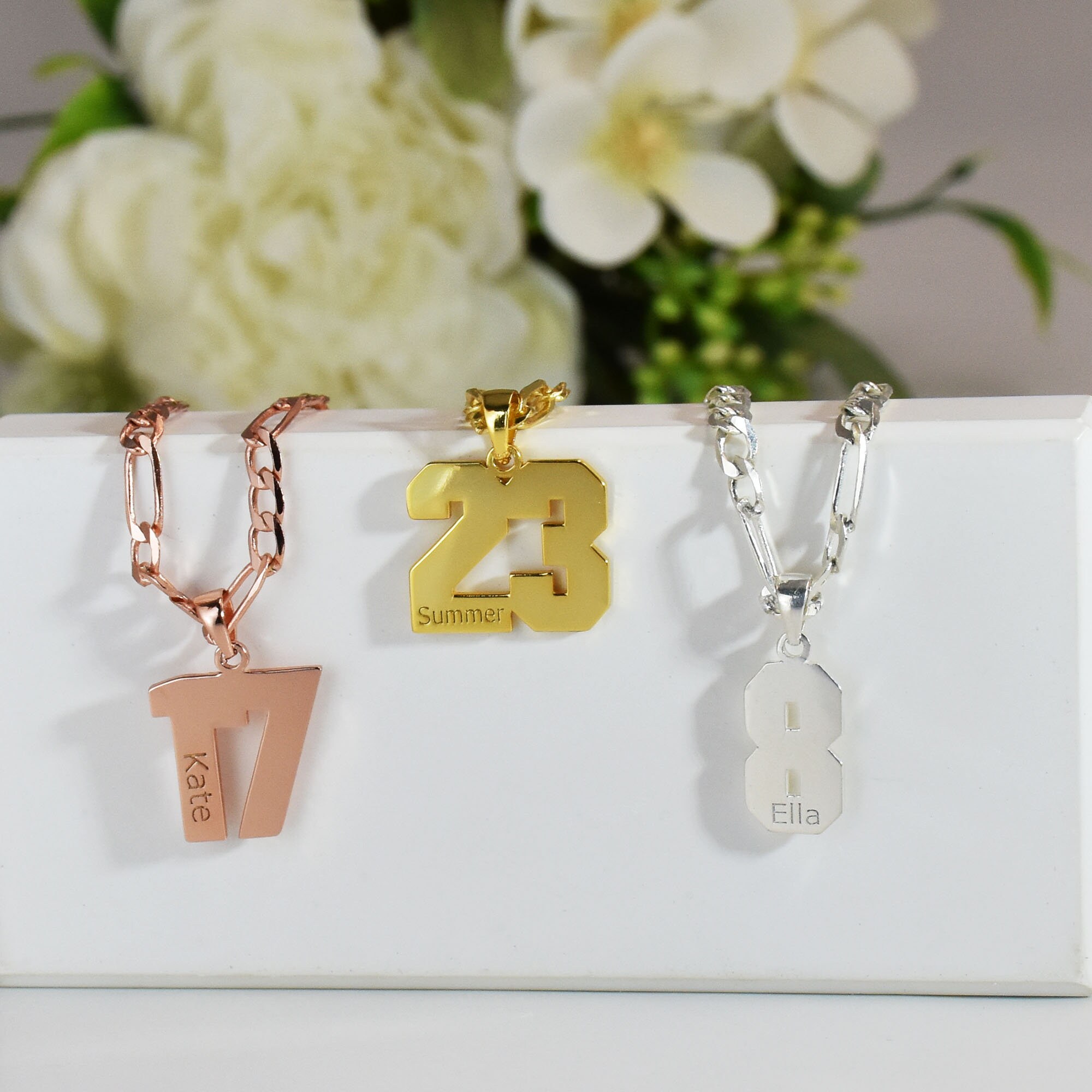 Number Necklace With Figaro Chain, Personalized Engraved Number Charm ...