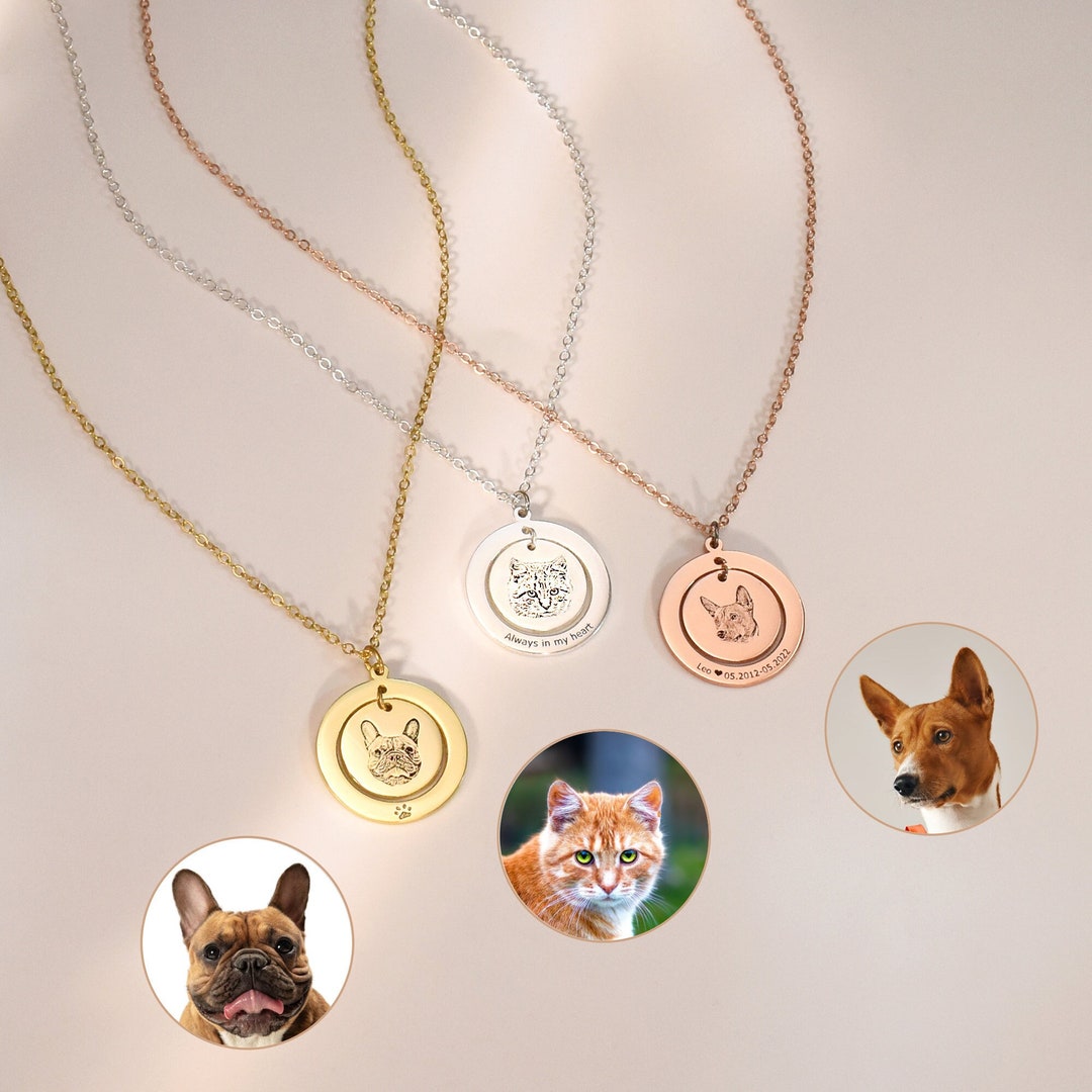 Pet Portrait Necklace With Name, Custom Dog Cat Portrait Necklace ...