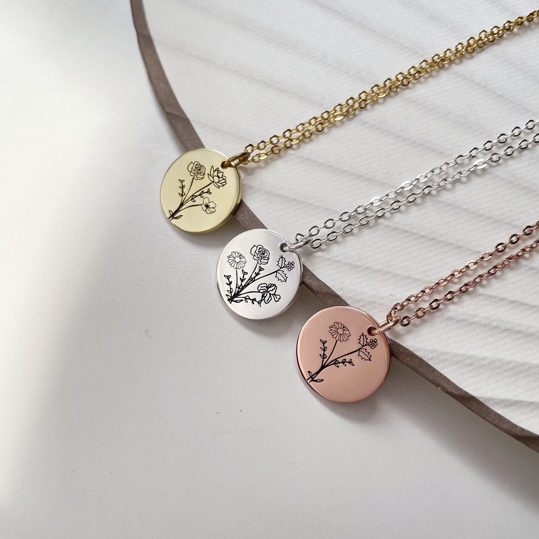 Custom Birth Flower Necklace, Engrave Birth Flower Necklace, Floral ...