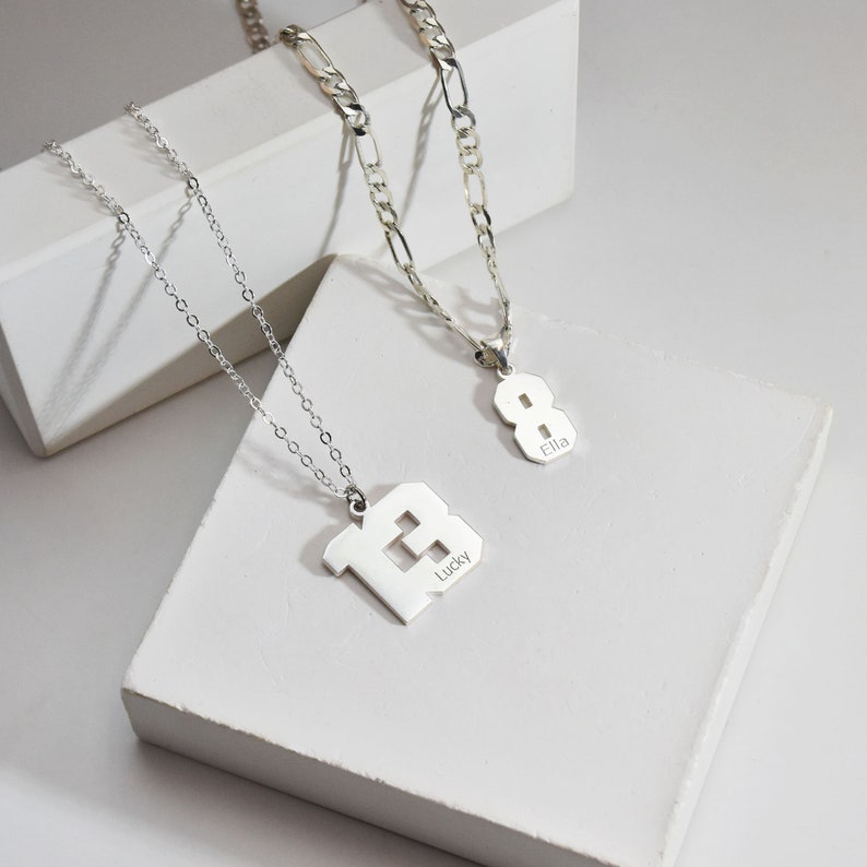 Number Necklace With Figaro Chain, Personalized Engraved Number Charm ...