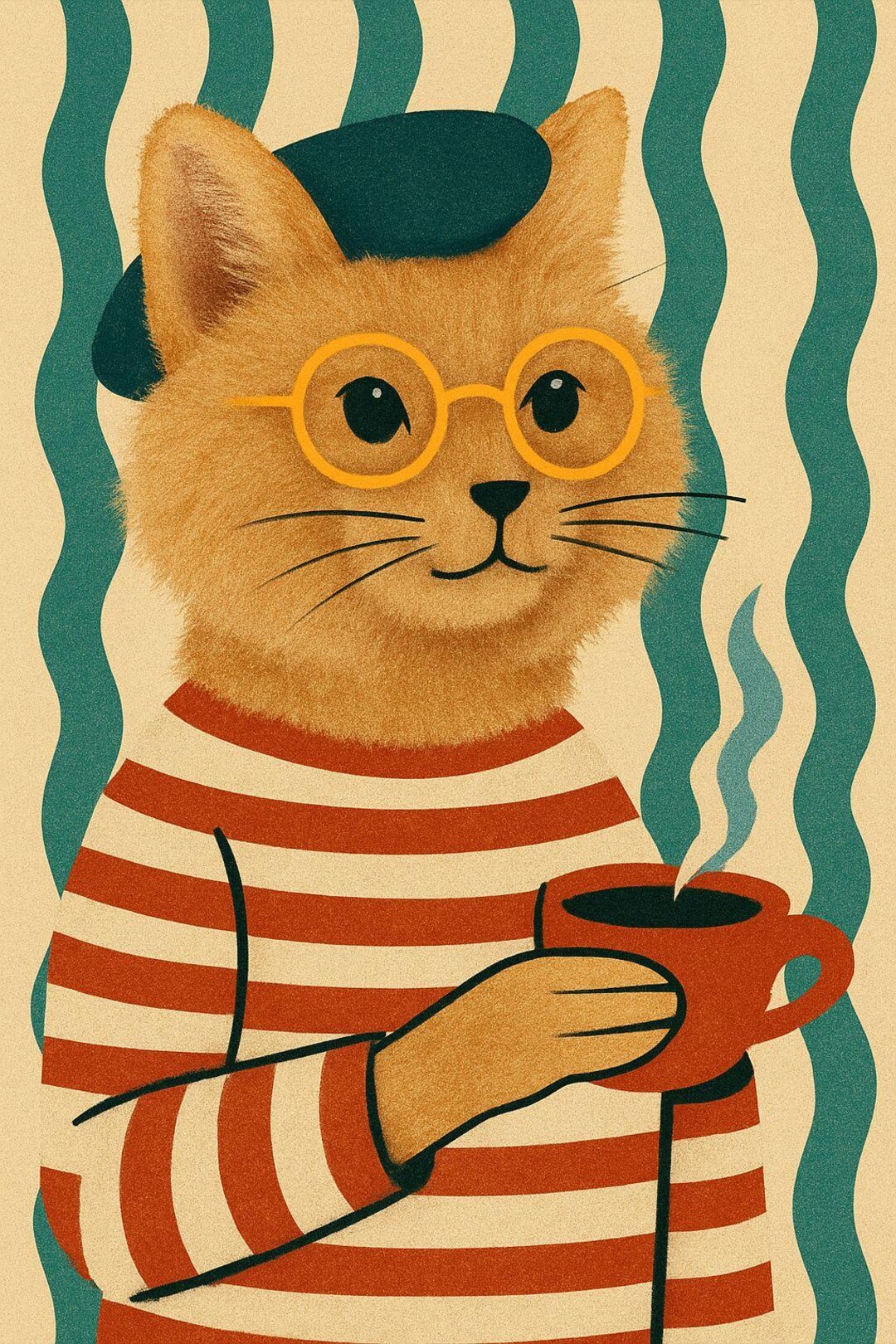 French Cat Wall Art—retro Cat Illustration With Coffee, Striped Shirt ...