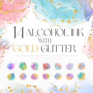 Gold Glitter Alcohol Ink Clipart: 14 PNG Watercolor Overlays (digital ...