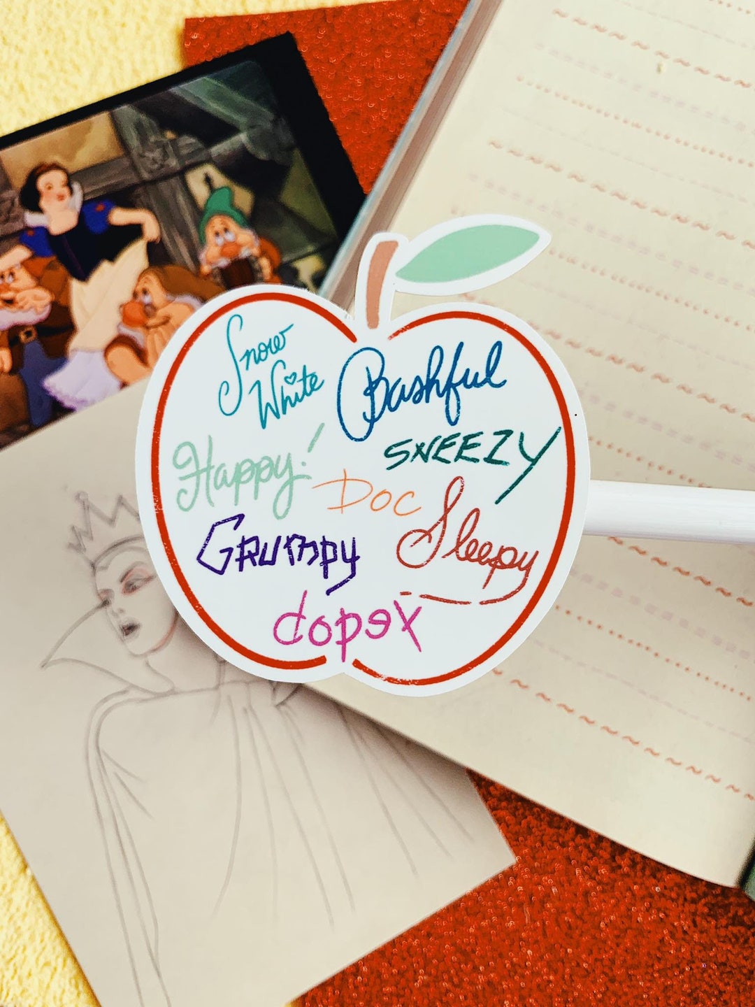 Snow White and the Seven Dwarfs Character Autograph Apple Sticker ...