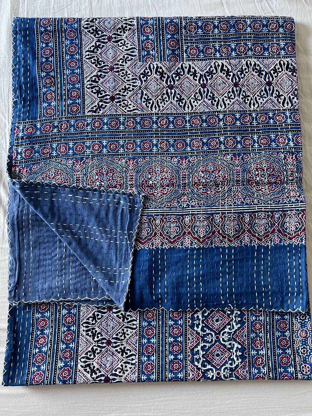 Ajarkh Handblock Print Handmade Stitched Handblock Kantha Quilt Hippie ...