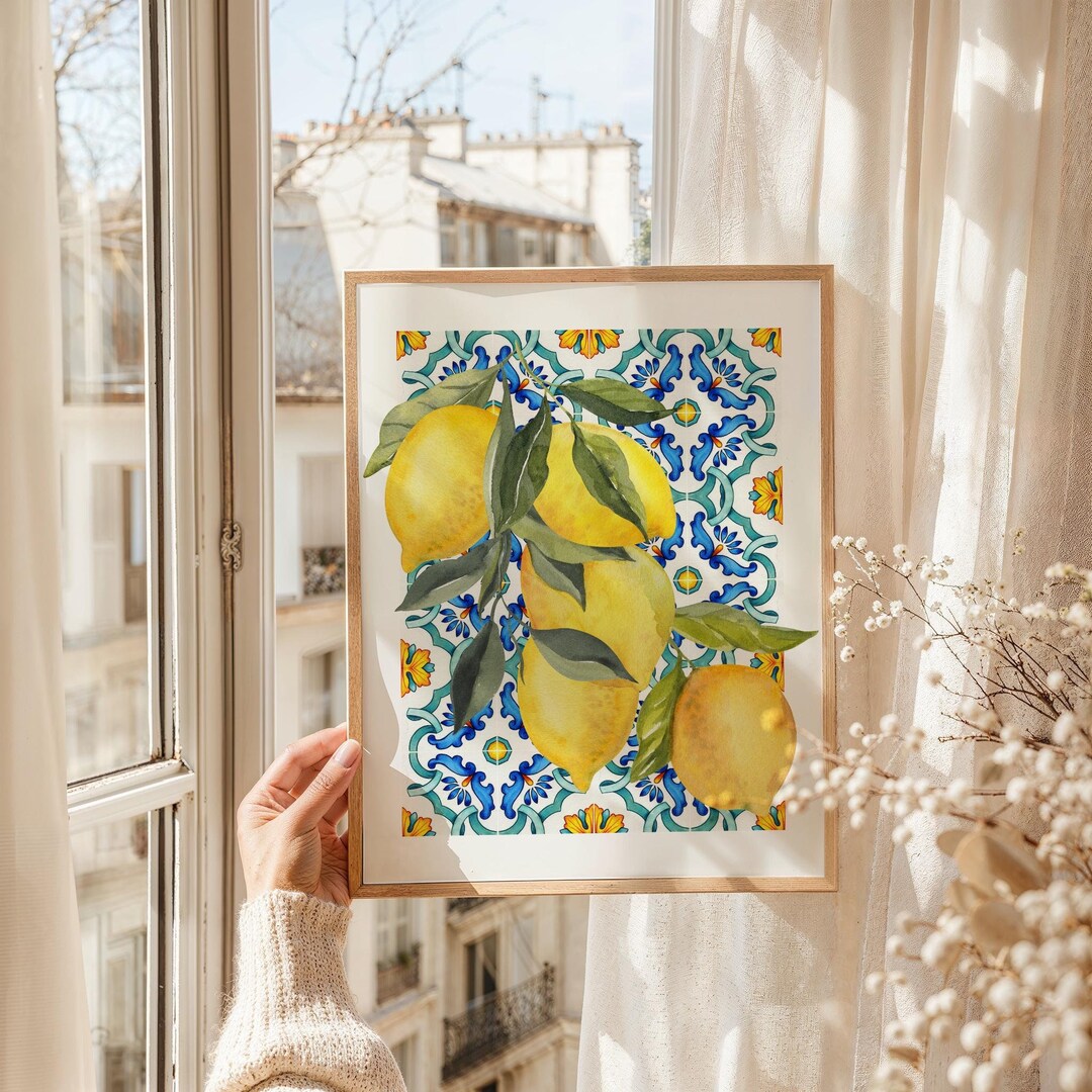 PRINTED Lemon Poster, Italian Lemon Blue Tile Print, Fruit Kitchen ...