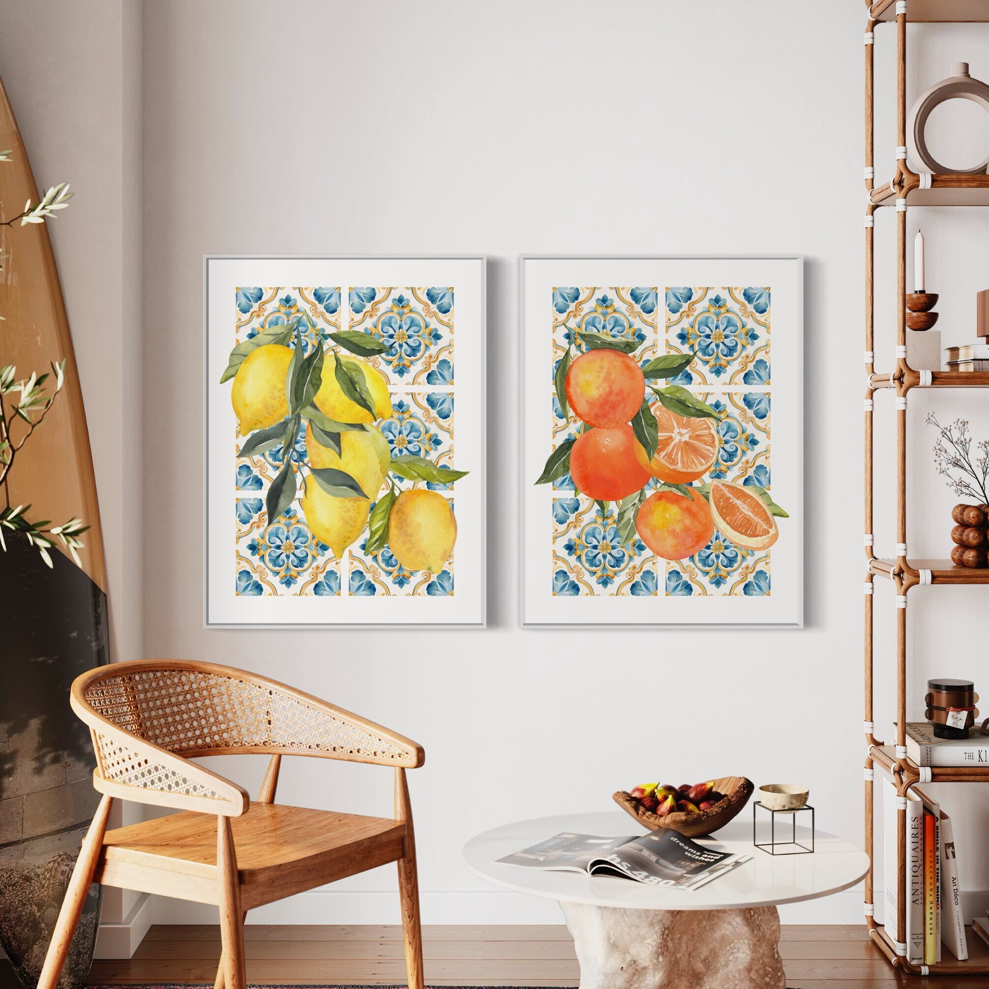 Lemon Print Wall Art, Blue Tile Printable Wall Art, Italian Kitchen ...