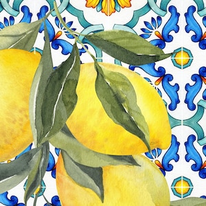 Lemon Tile Print, Lemon Watercolor Fruit Print, Amalfi Coast Digital ...