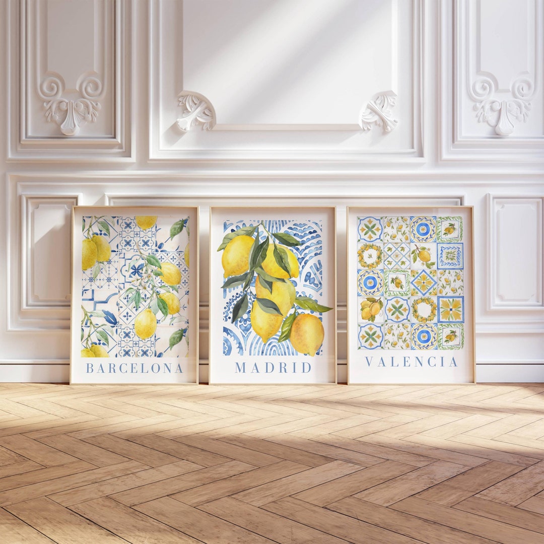 Lemon Print Wall Art, Spanish Lemon Poster, Spain Blue Tile Cottagecore ...
