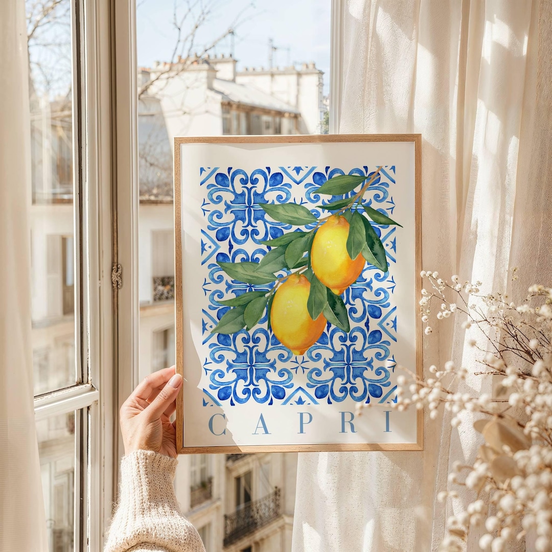 Capri Lemon Print, Italian Wall Art, Lemon Blue Tile Printable Wall Art ...