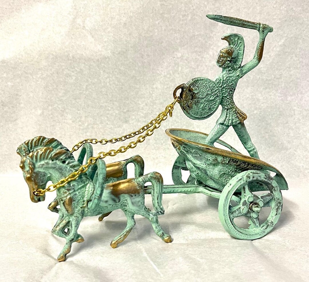 Vintage Bronze Greek Chariot, Galloping Horses, Trojan Soldier ...