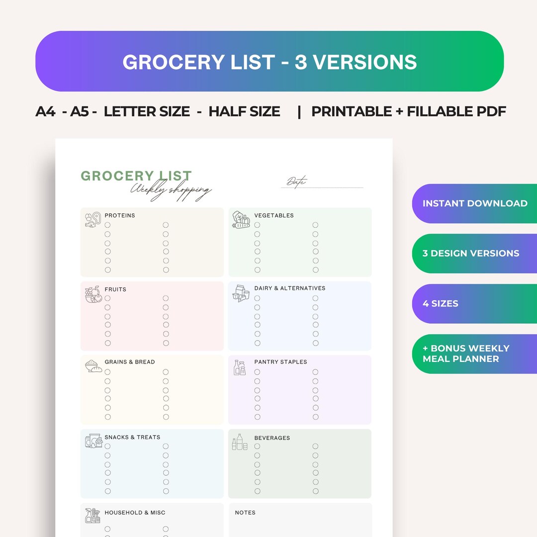 Grocery List Printable Template | Grocery Planner | Food Shopping List ...