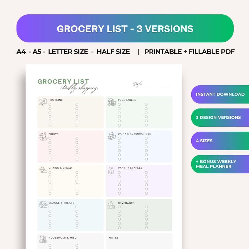 Grocery List Printable Template | Grocery Planner | Food Shopping List ...
