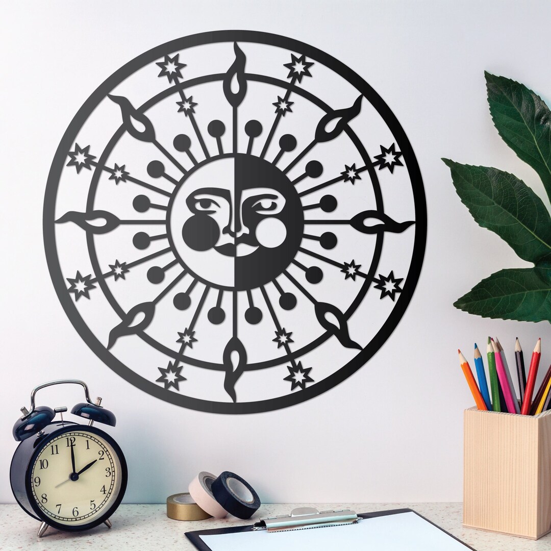 Sun Moon & Stars Round Wall Art, Celestial Home Décor, Space Themed ...