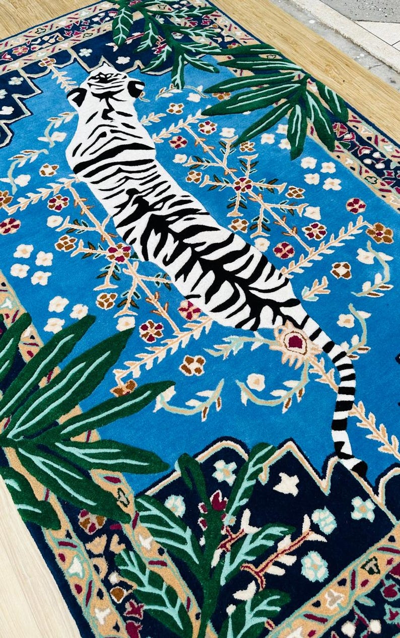 Hand-tufted Bengal Tiger Rug: New Zealand Wool, Blue Accent Rug - Etsy